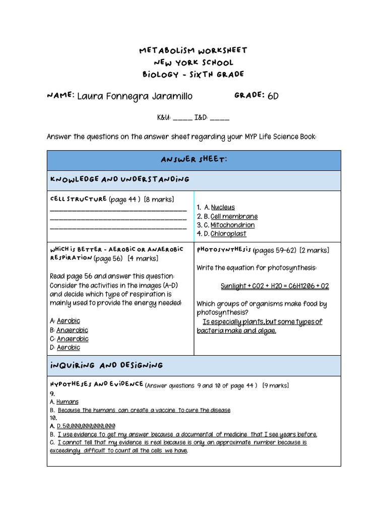 Metabolism Worksheet New York School Biology - Sixth Grade Name: Grade ...