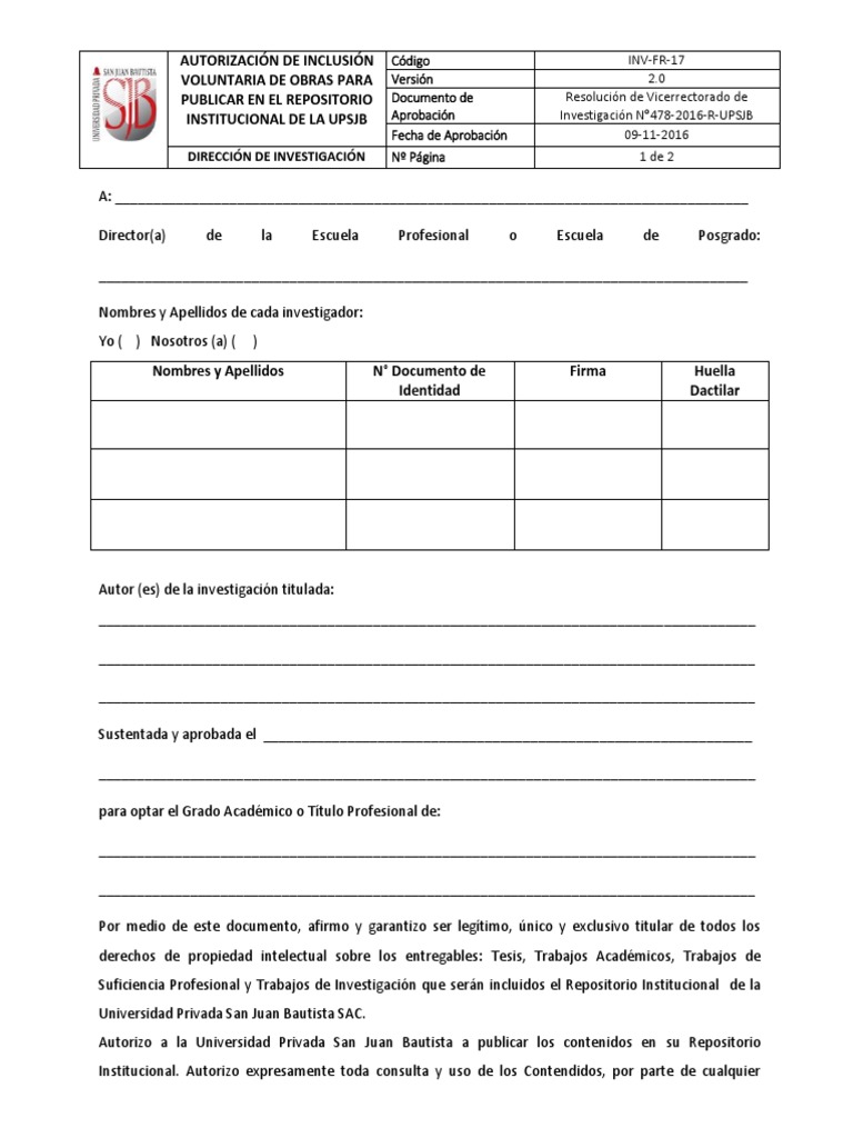 Inv-Fr-017-Autorización para Publicar en El Repositorio Institucional de La Upsjb - V2.0-21-04 ...