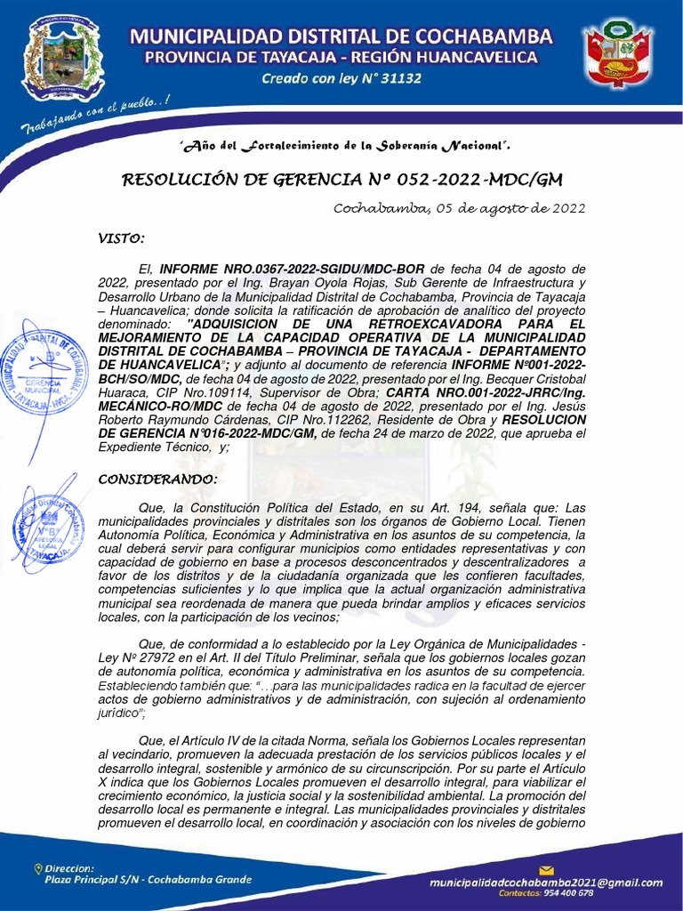Resolución de Gerencia N°052 | Descargar gratis PDF | Gobierno local ...