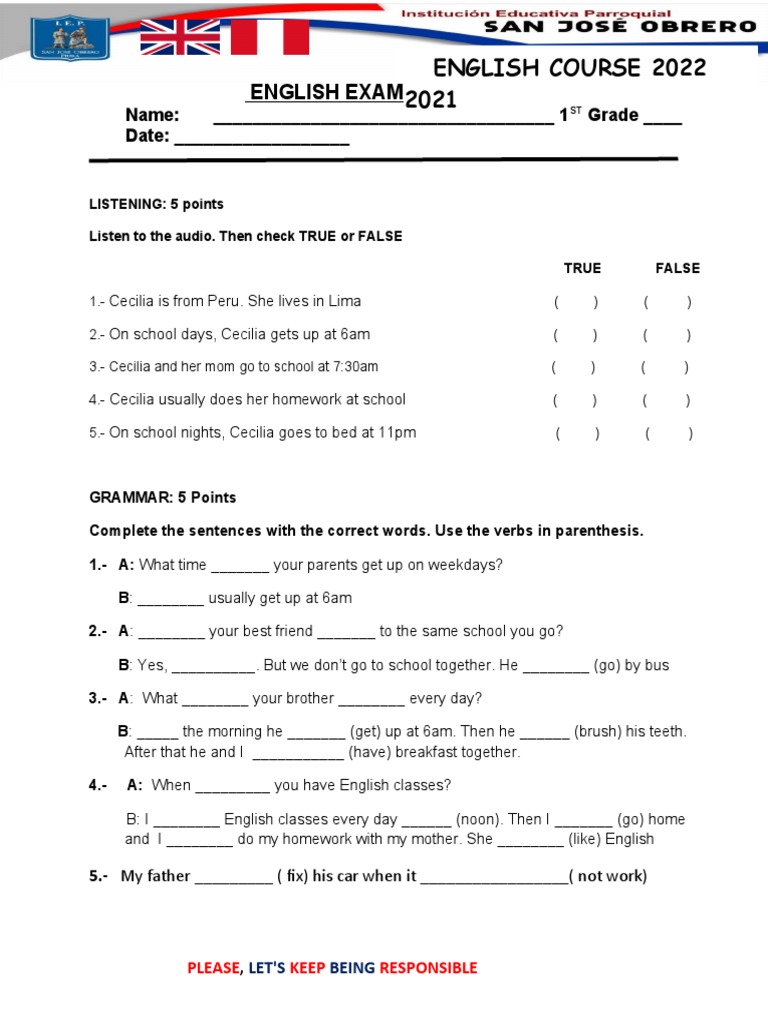1st Grade Exam | Download Free PDF | English Language | Language Mechanics