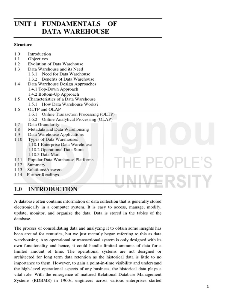 Unit 1 Fundamentals of Data Warehouse | PDF | Data Warehouse | Databases