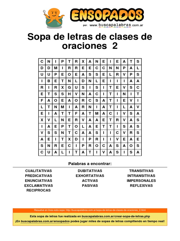 Sopa de Letras de Clases de Oraciones - 2 | PDF