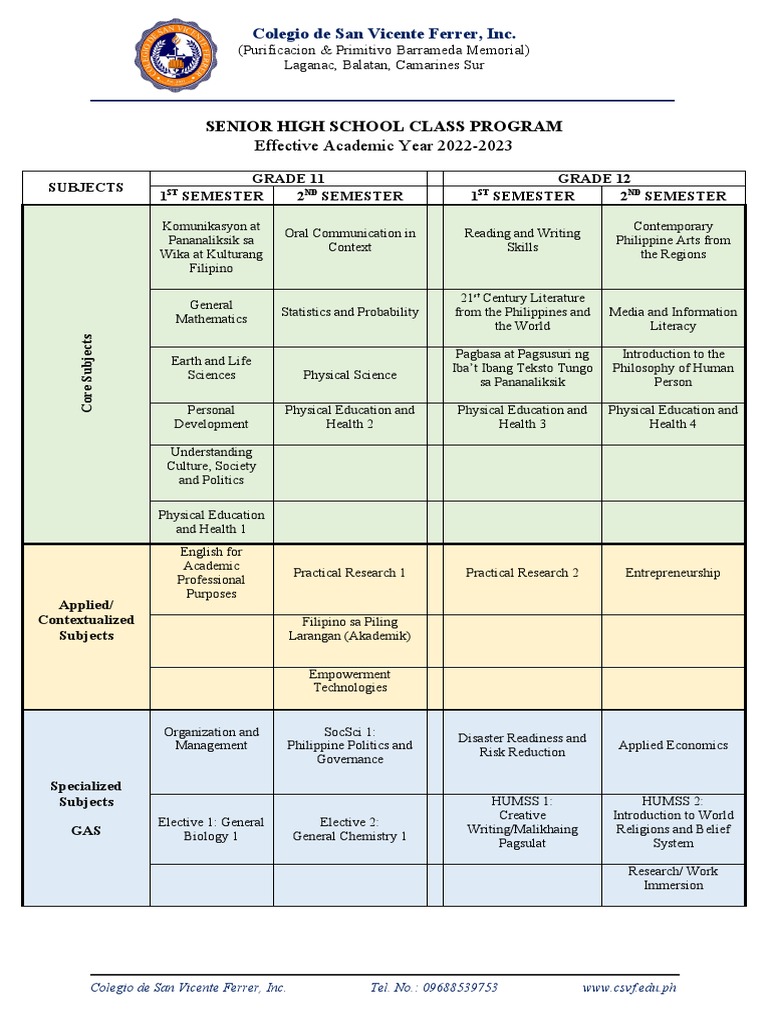 Senior High School Class Program: Effective Academic Year 2022-2023 ...