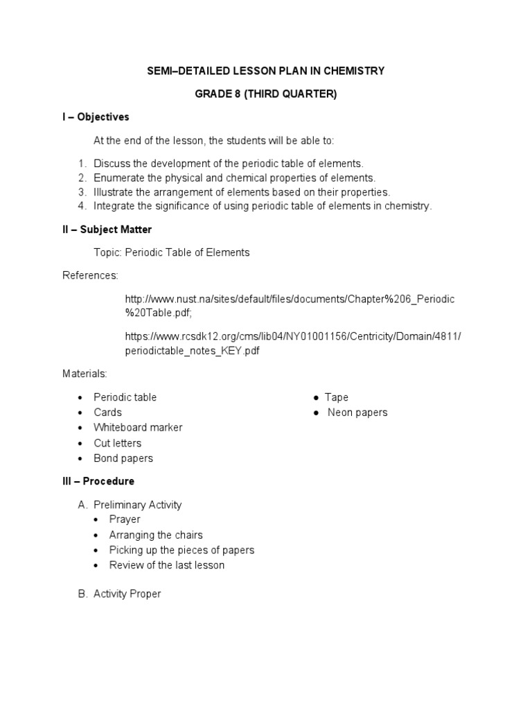 Semi-Detailed Lesson Plan in Chemistry Grade 8 (Third Quarter) I ...