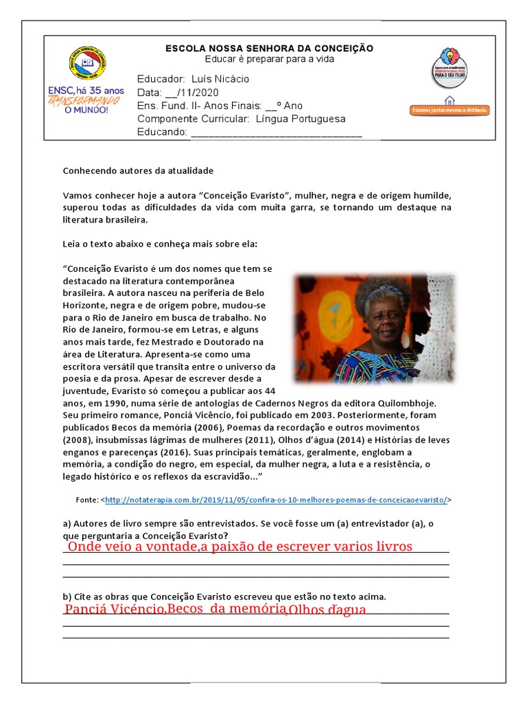 Template - ATIVIDADE CONCEIÇÃO EVARISTO - PORTUGUÊS | PDF