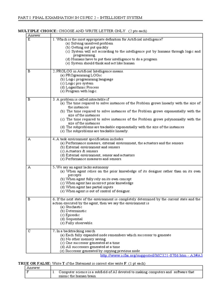 CS PEC 2: AI Final Exam Questions | PDF | Artificial Intelligence ...