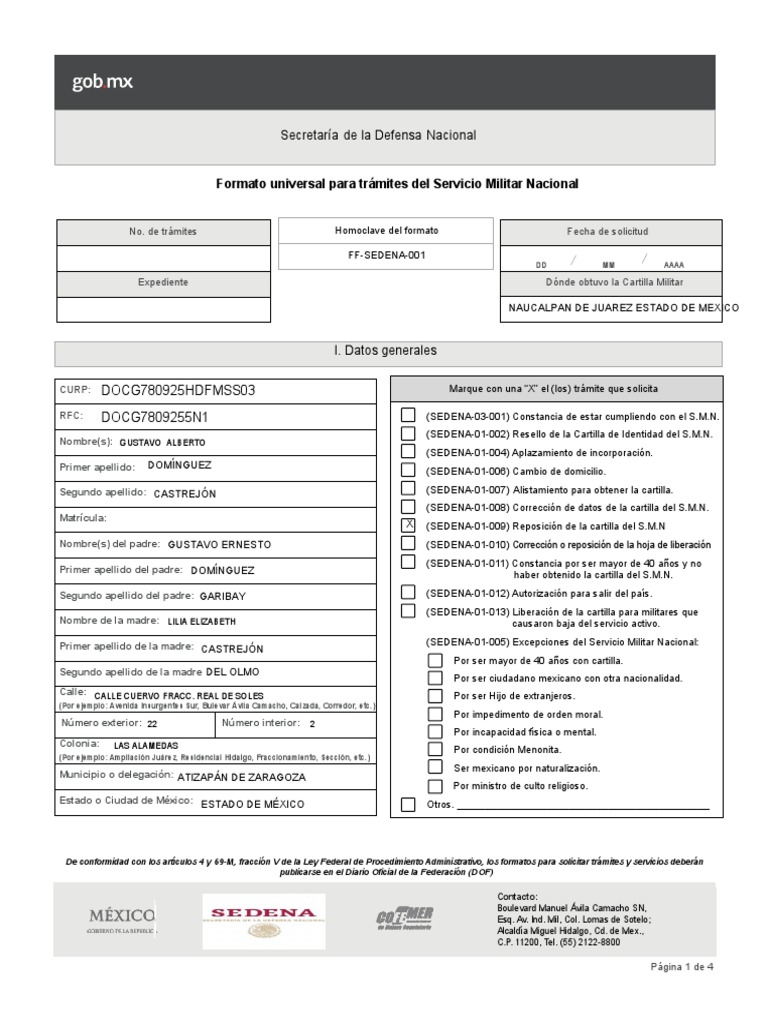 Formato - Universal - SEDENA CARTILLA | Descargar gratis PDF | Certificado de nacimiento ...
