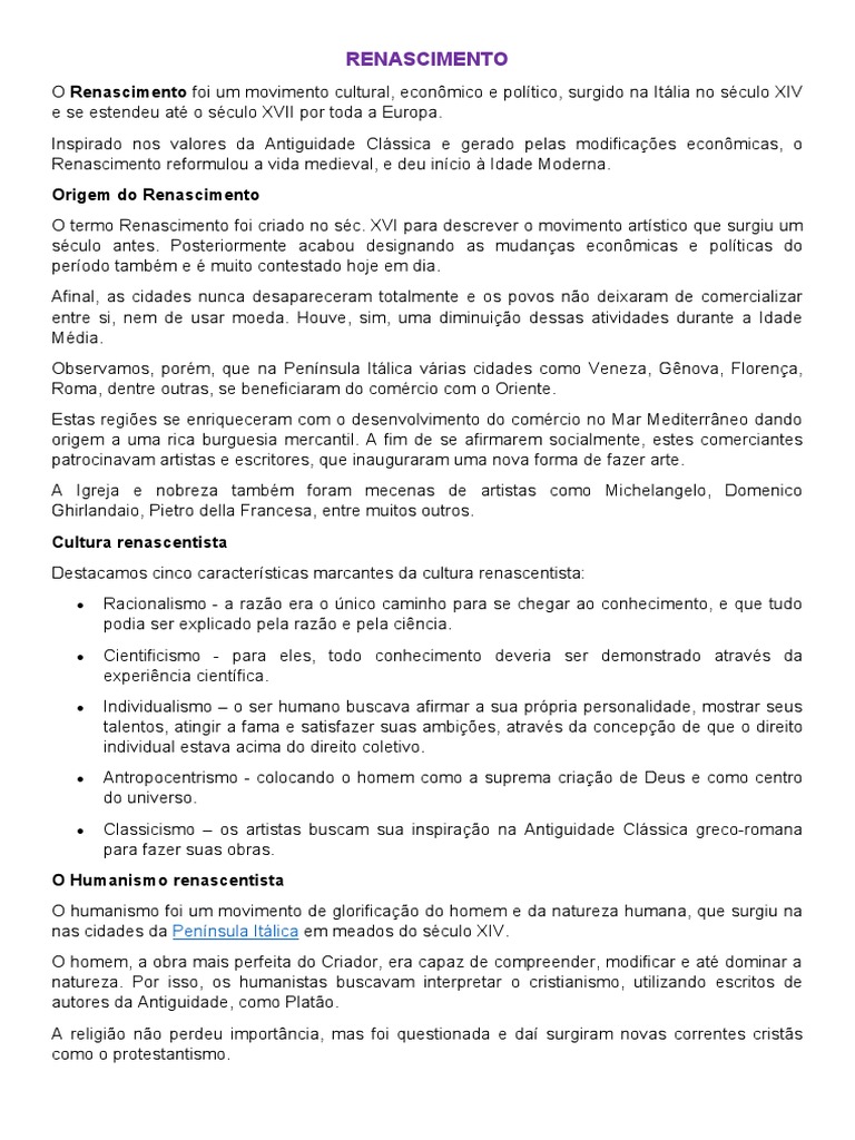 Resumo De Artes Sobre O Renascimento Pdf Renascimento Science