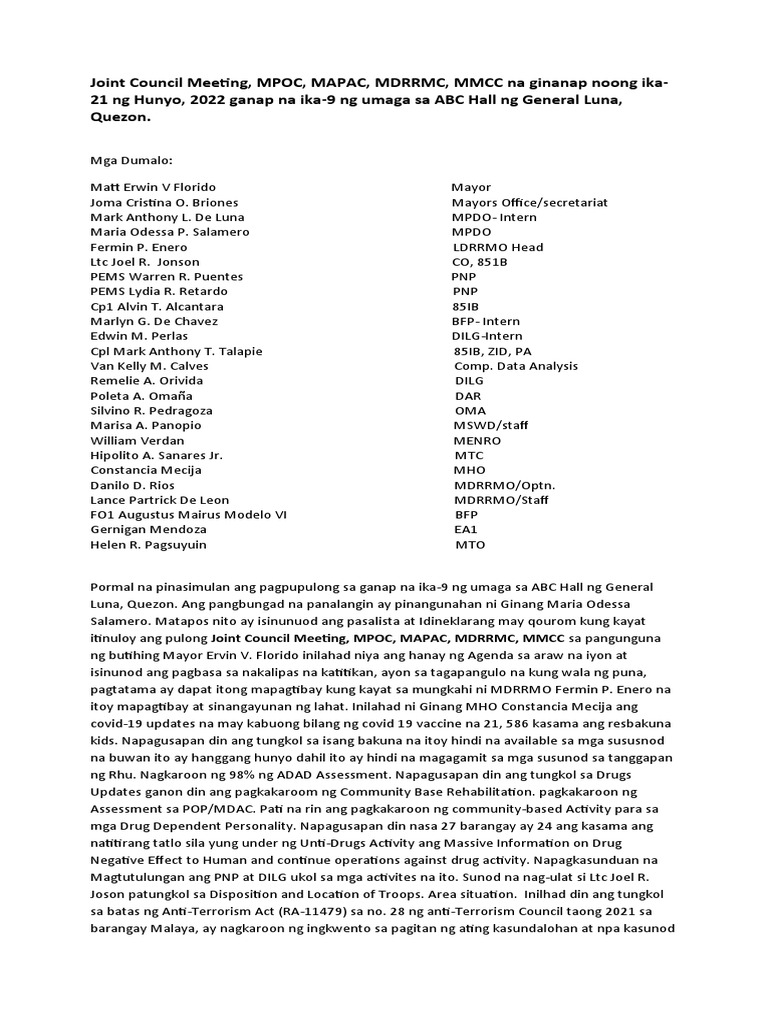 Minutes Joint Council Meeting, MPOC, MAPAC, MDRRMC, MMCC 2022 | PDF
