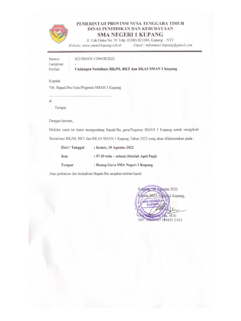 Undangan Sosialisasi RKJM, RKT Dan RKAS SMAN 1 KUPANG 2022 | PDF