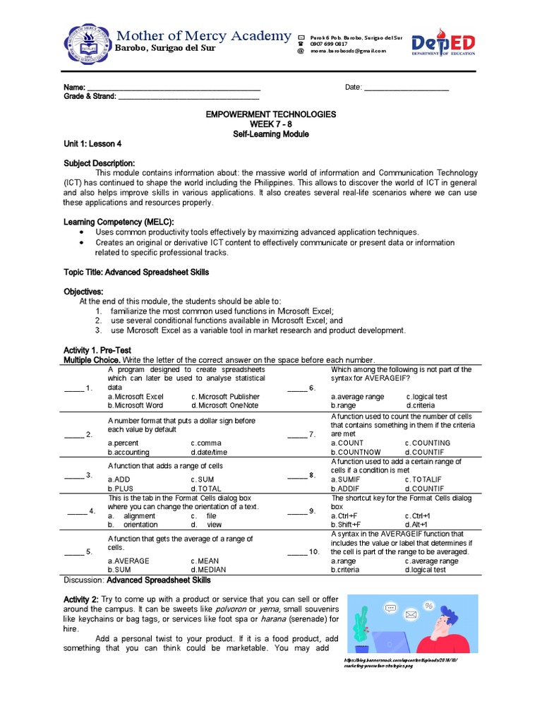 Class Notes For Ict shs3 | PDF | Microsoft Excel | Spreadsheet