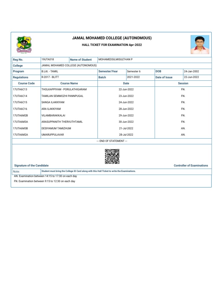 Jamal Mohamed College (Autonomous) : Hall Ticket For Examination Apr ...