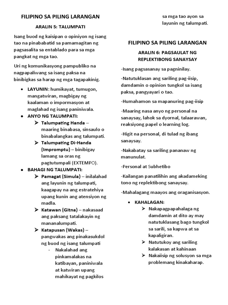 FILIPINO SA PILING LARANGAN 1st SEM Final Term | PDF