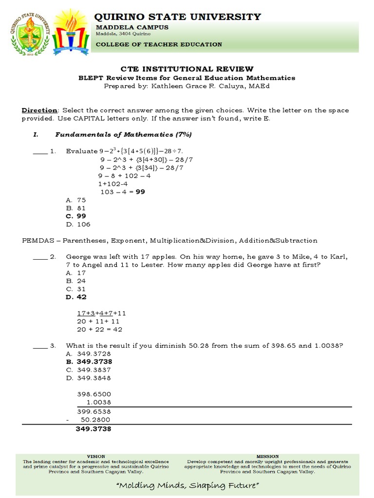 Cte Institutional Review: BLEPT Review Items For General Education ...