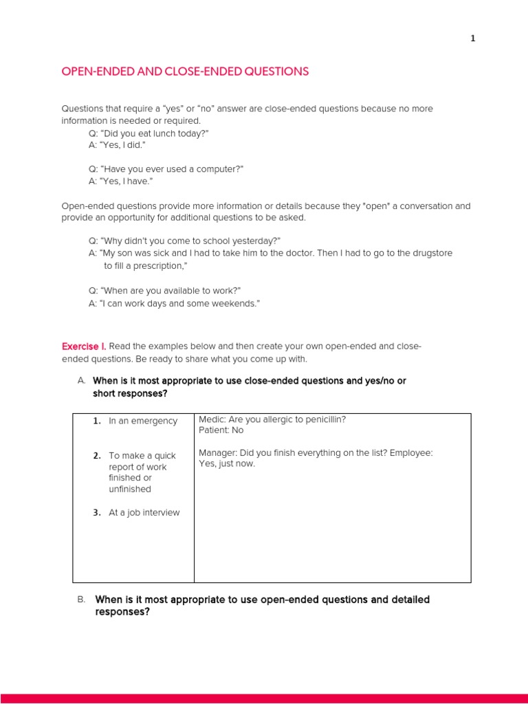 Open and Close-Ended Questions Handout DMR 091720 | PDF | Health Care