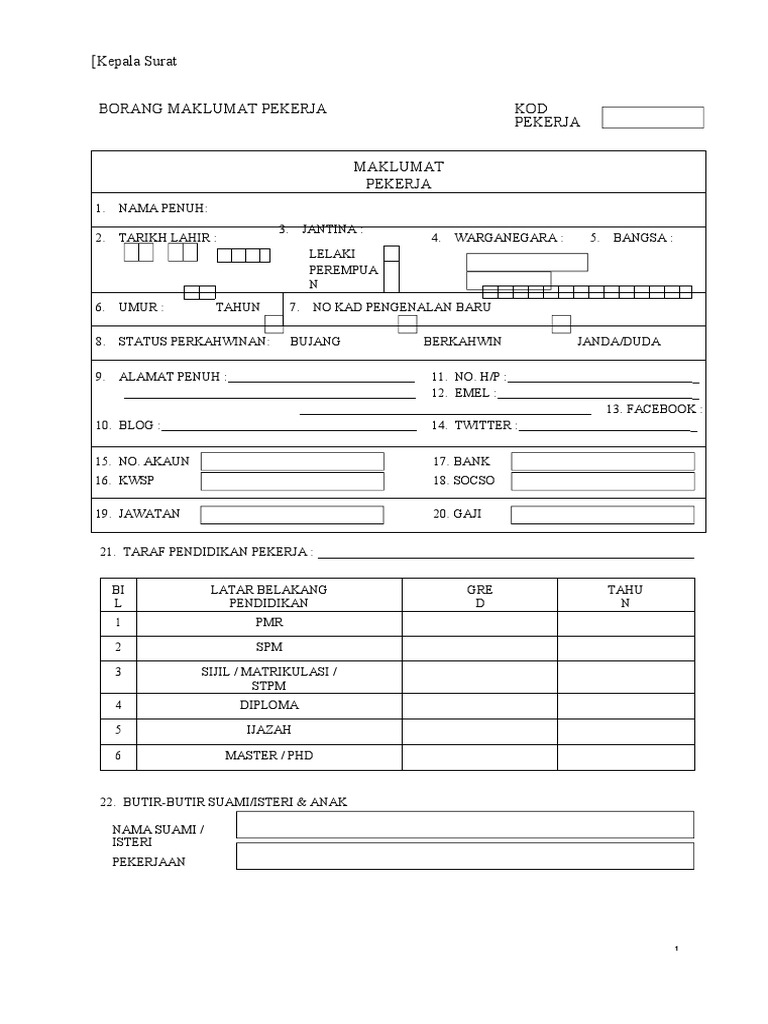 Borang Maklumat Pekerja PDF Free | PDF
