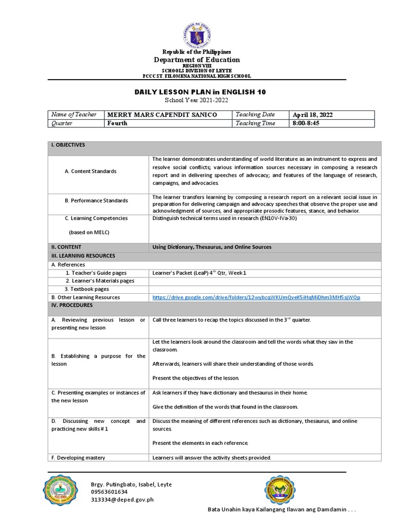 Daily Lesson Plan for English 10 | PDF | Learning | Dictionary