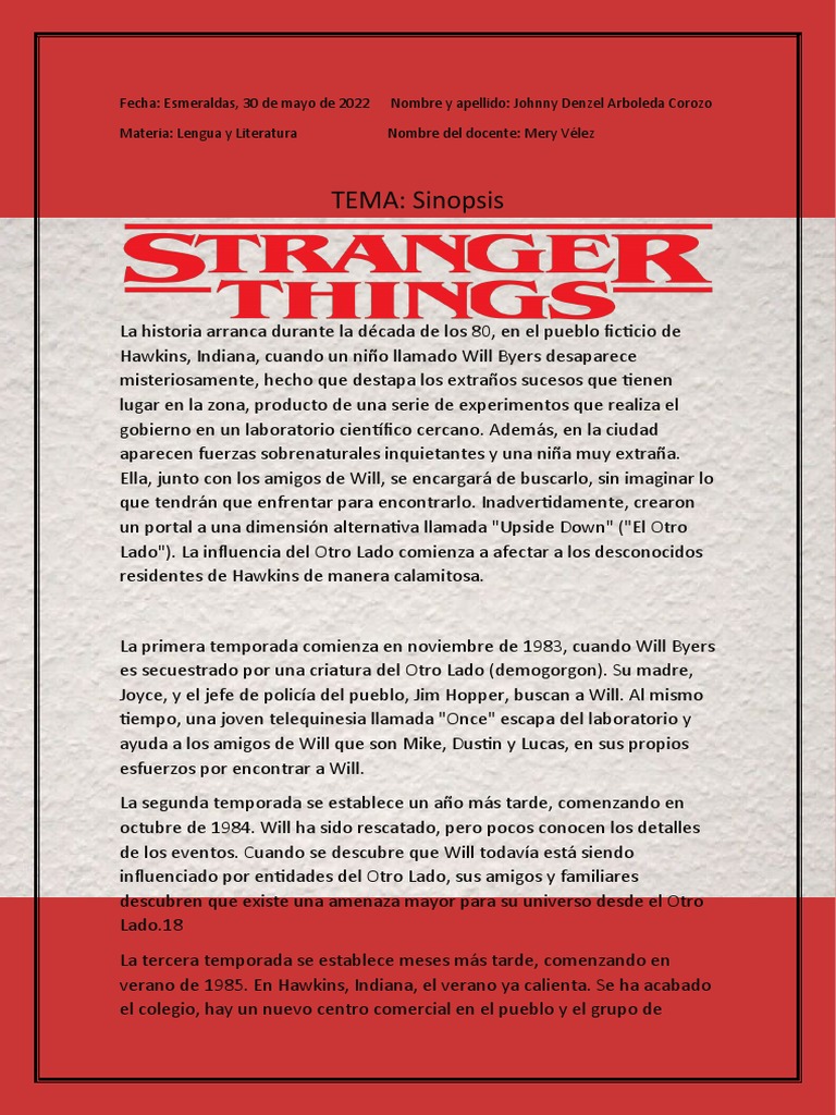 Sinopsis de Stranger Things | PDF