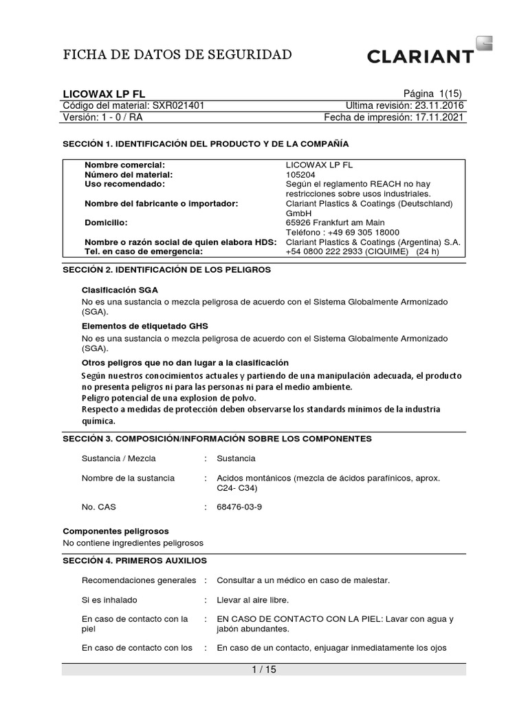 Clariant SDS LICOWAX LP FL Argentina Spanish | PDF | Ciencias fisicas ...