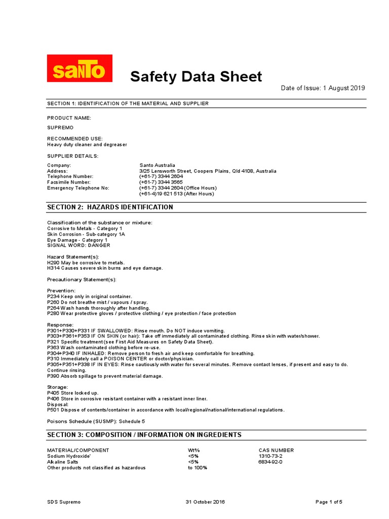 Heavy Duty Cleaner SDS Summary | PDF | Dangerous Goods | Personal ...