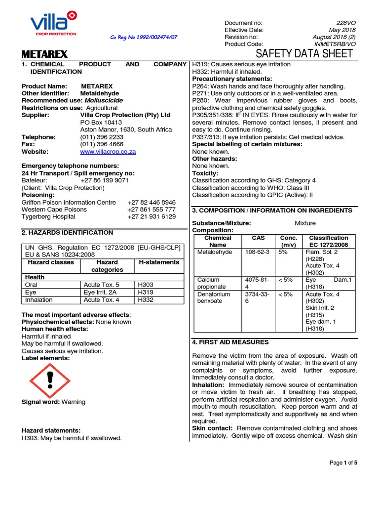 Metarex Safety Data Sheet: WWW - Villacrop.co - Za | PDF | Toxicity ...