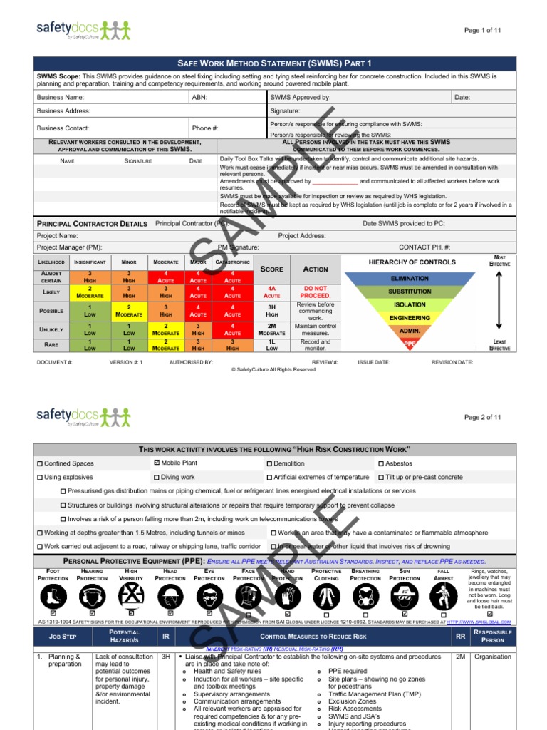 Concrete (Steel Fixing) SWMS 10254-6 - SAMPLE | PDF | Personal ...