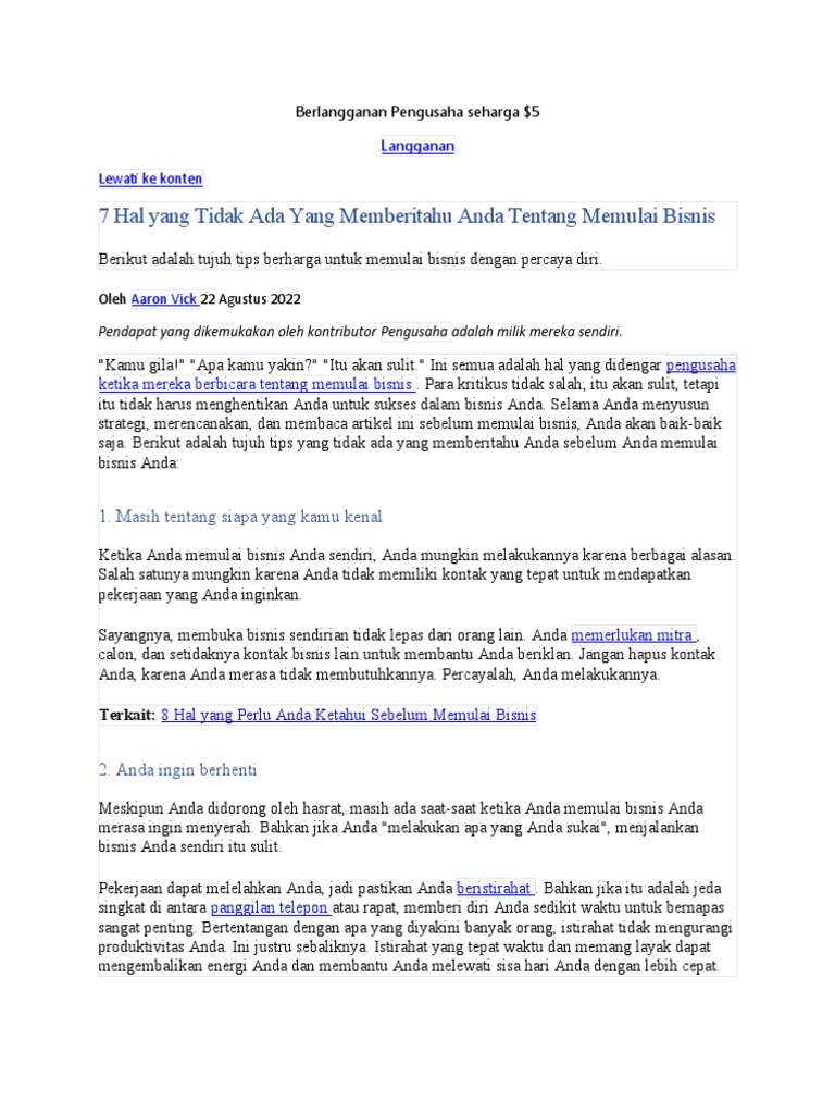 7 Hal Yang Tidak Ada Yang Memberitahu Anda Tentang Memulai Bisnis | PDF ...