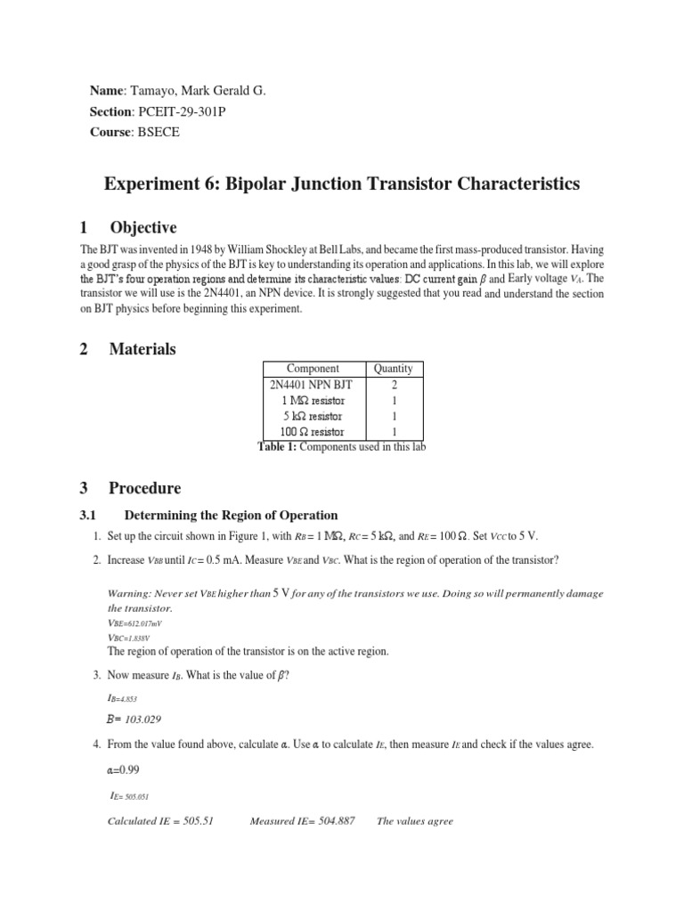 Experiment 6: Bipolar Junction Transistor Characteristics: 1 Objective ...