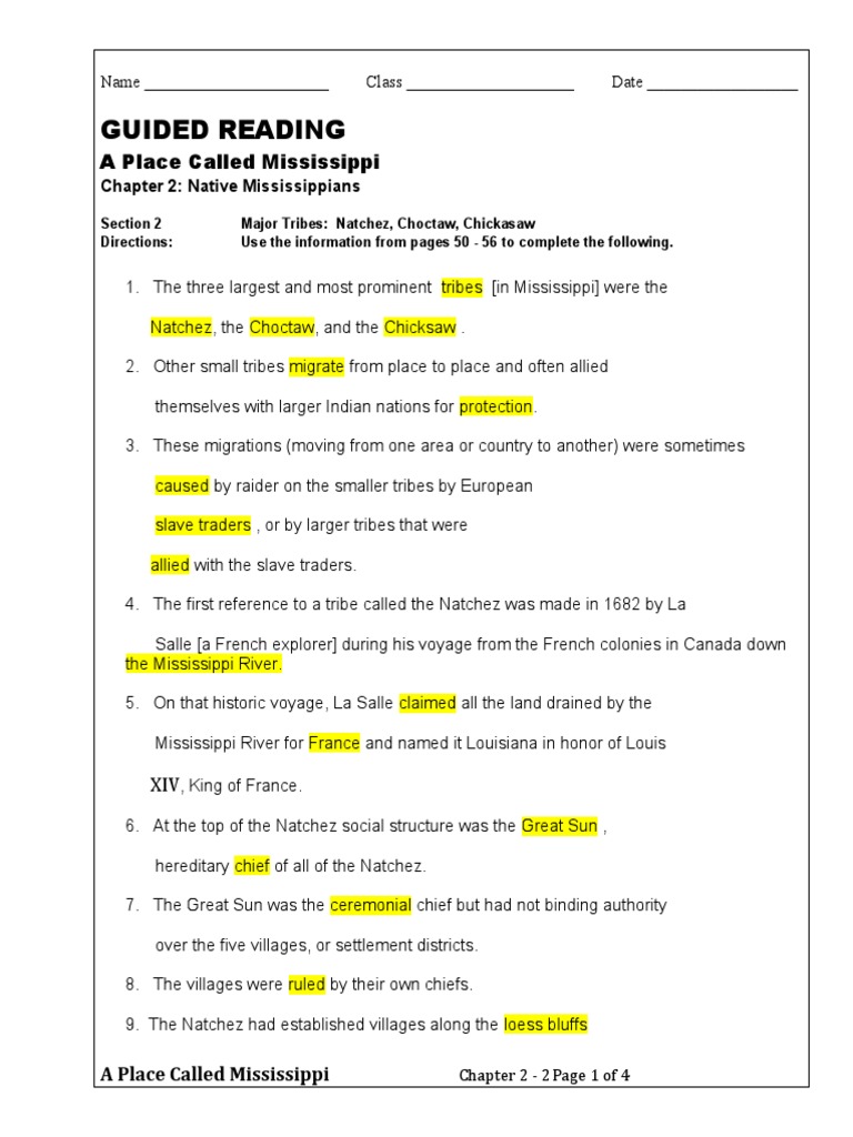 Guided Reading: A Place Called Mississippi | PDF | Choctaw | Contiguous ...