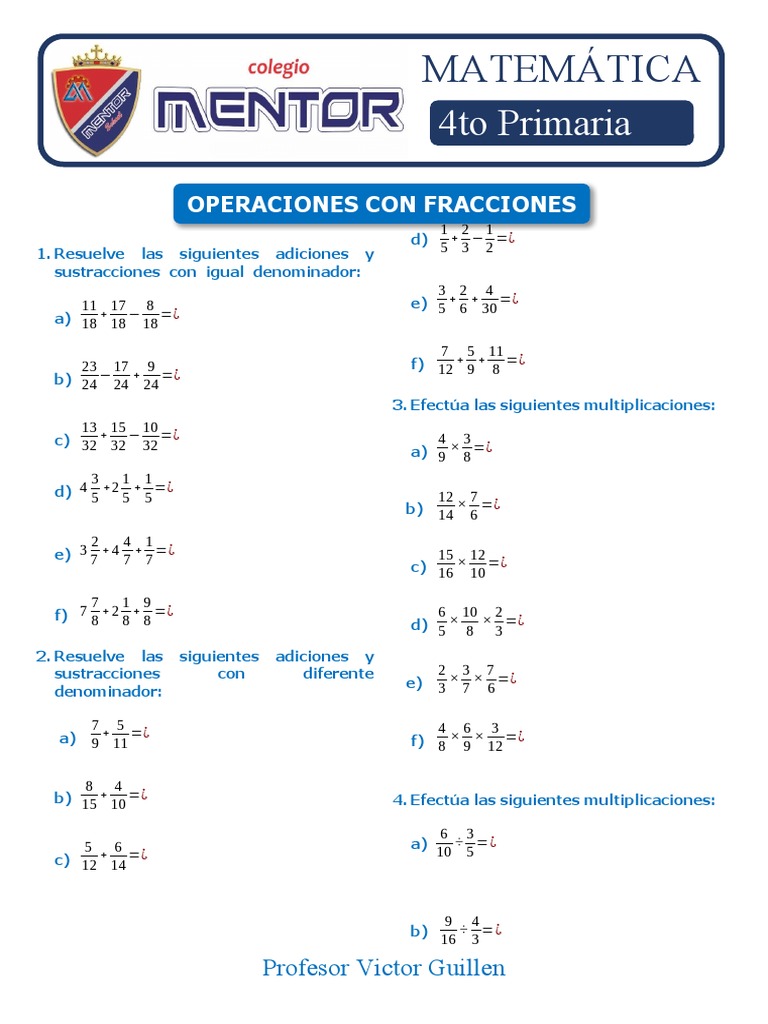 Operaciones Con Fracciones - 4to | PDF