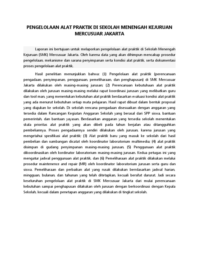 Pengelolaan Alat Praktik di SMK Mercusuar | PDF | Bisnis | Seni