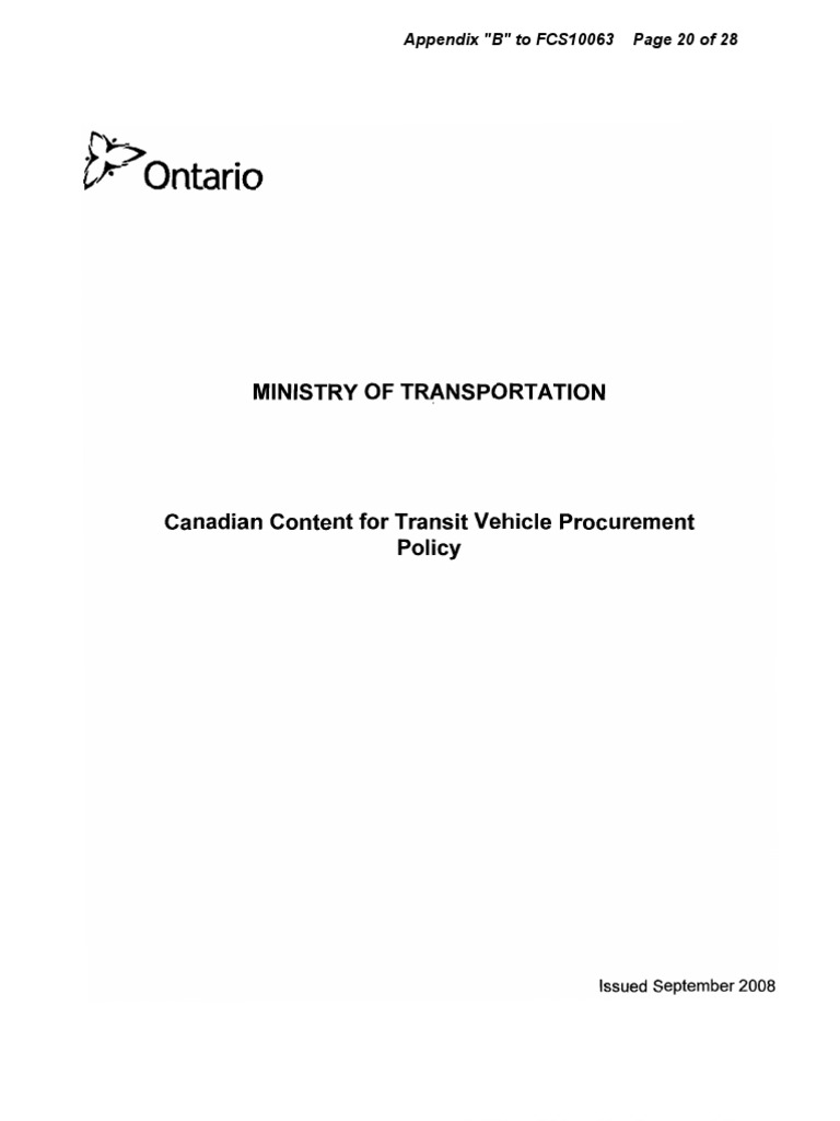 MTO Canadian Content For Transit Vehicle Procurement Policy 2008 | PDF ...