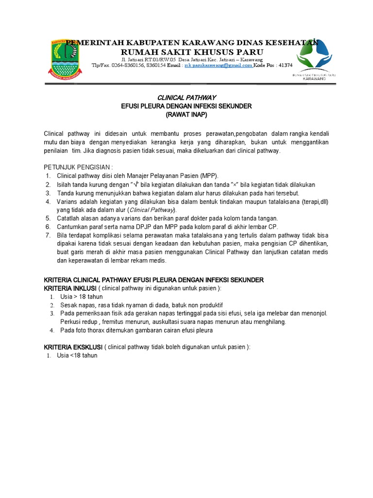 Clinical Pathway Efusi Pleura Dengan Infeksi Sekunder | PDF