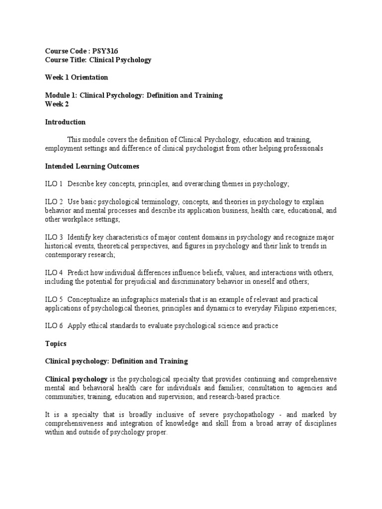 Psy316 Week 2 Module 1 Clinical Psychology Pdf Psychotherapy Psychology