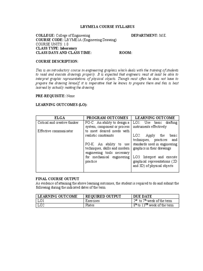 LBYME1A Syllabus | PDF | Technical Drawing | Engineering
