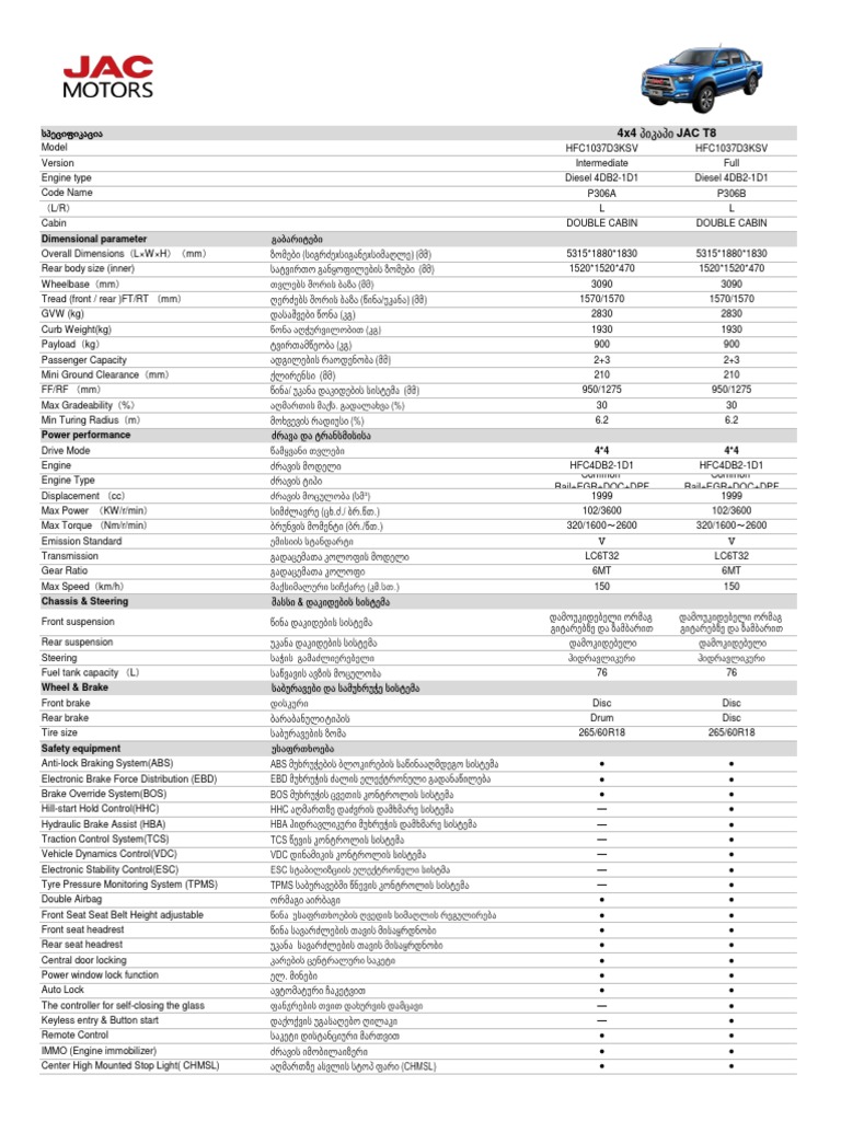 4x4 Jac T8: Dimensional Parameter | PDF | Truck | Wheeled Vehicles