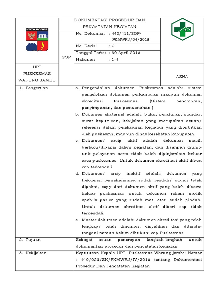 Sop Dokumentasi Prosedur Dan Pencatatan Kegiatan | PDF