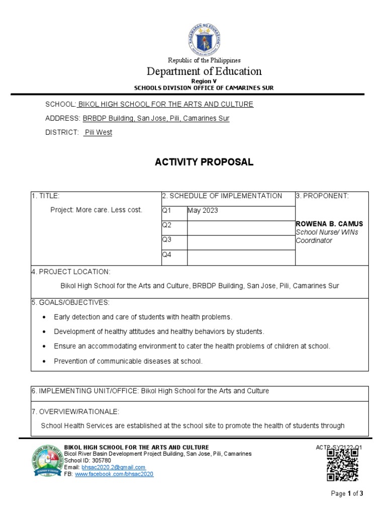 PROJECT PROPOSAL SIP Crafting School Clinic Equipment RBC | PDF ...