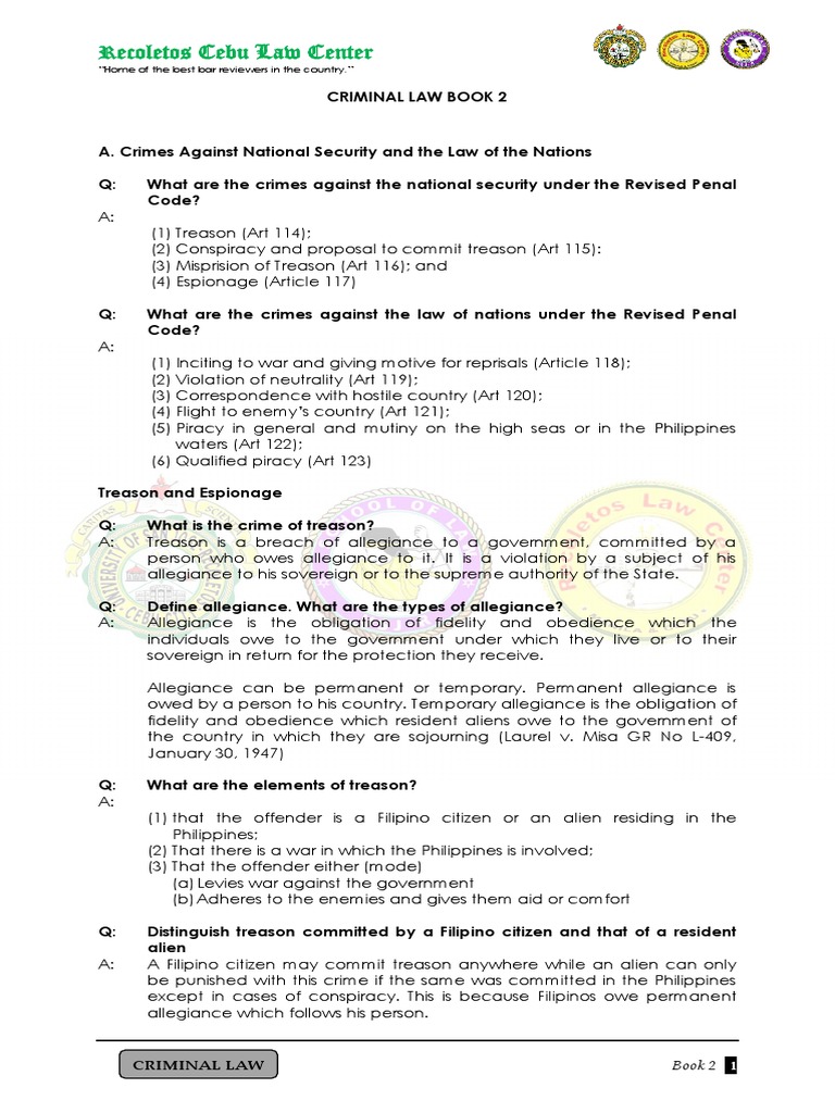 RCLC 2022 Notes 002 Criminal Law Book 2 1 Removed 1 | PDF | Treason ...