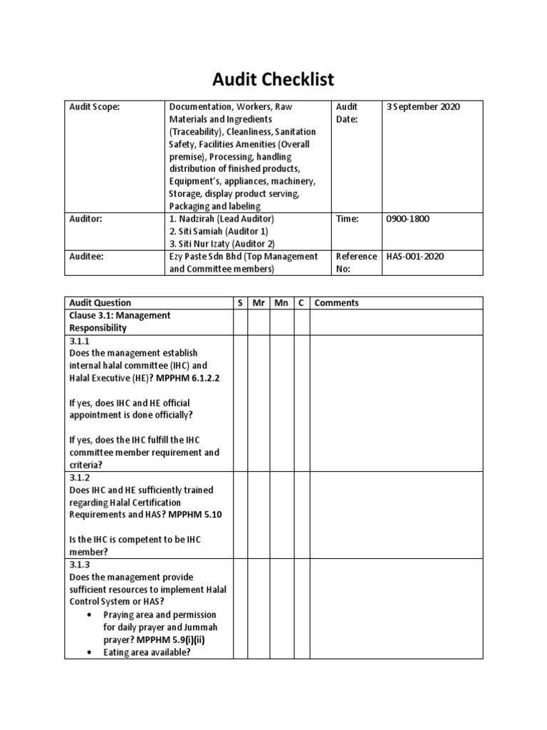 Audit Checklist: Audit Question S MR MN C Comments Clause 3.1: Management Responsibility | PDF ...
