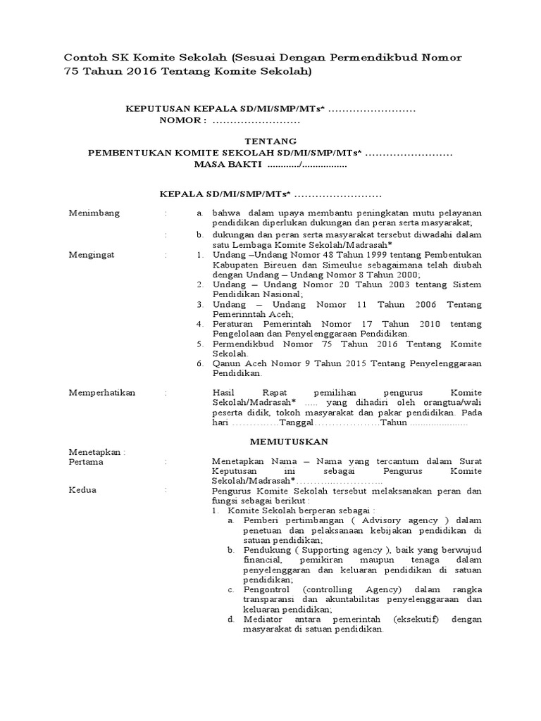 Contoh SK Komite Sekolah Fix | PDF