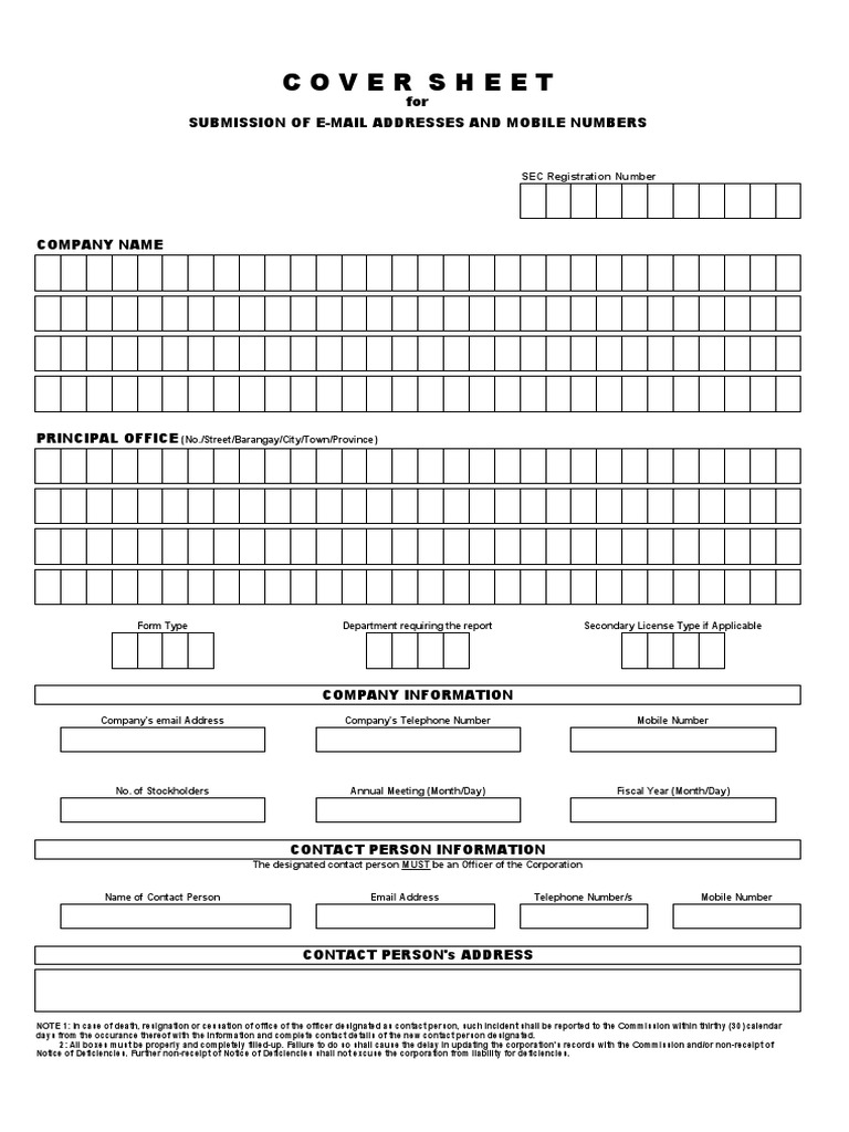 Cover Sheet: For Submission of E-Mail Addresses and Mobile Numbers | PDF