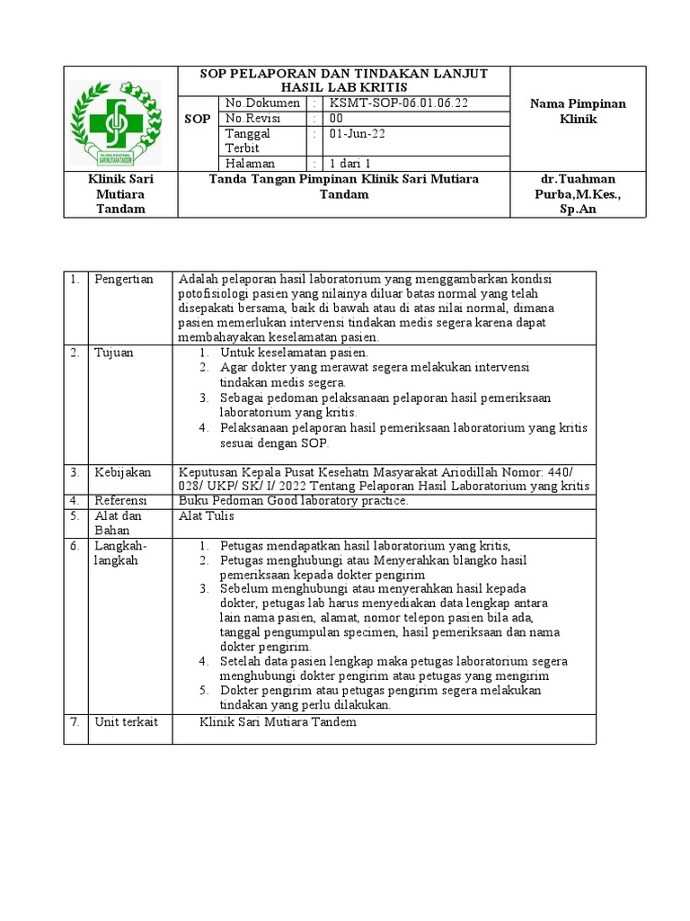 16 Sop Pelaporan Lab | PDF