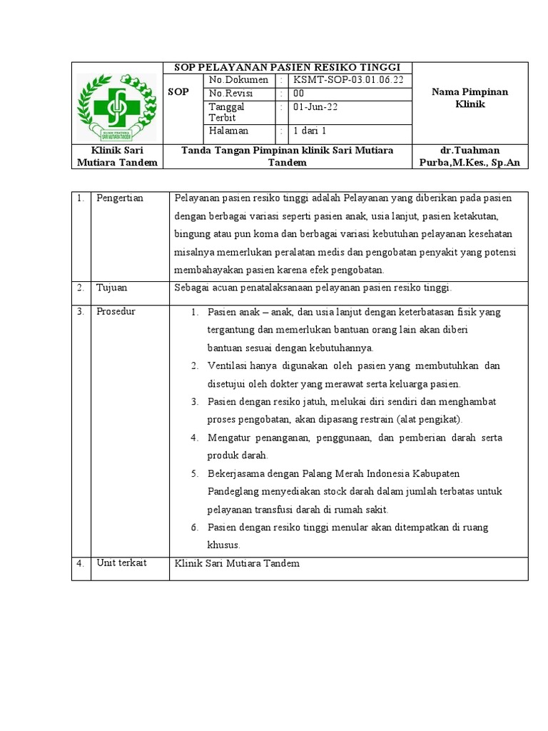 11 PKP 7 Sop Pelayanan Pasien Resiko Tinggi | PDF