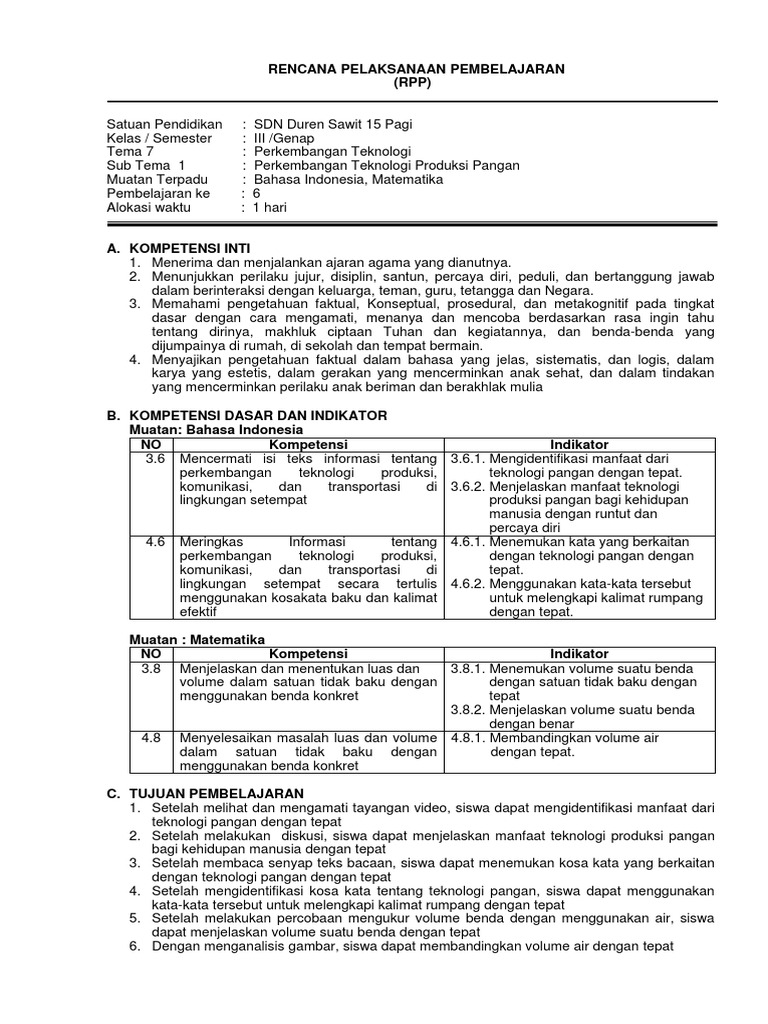 RPP Tema 7 Subtema 1 Kelas 3 Pembl 6 | PDF