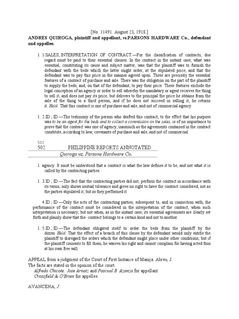 05 Quiroga Vs Parsons Hardware Co. 38 Phil 501 | PDF | Cause Of Action ...