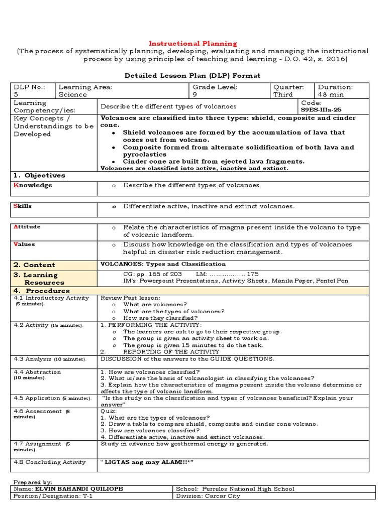 Detailed Lesson Plan (DLP) Format: Instructional Planning | PDF | Learning | Volcano