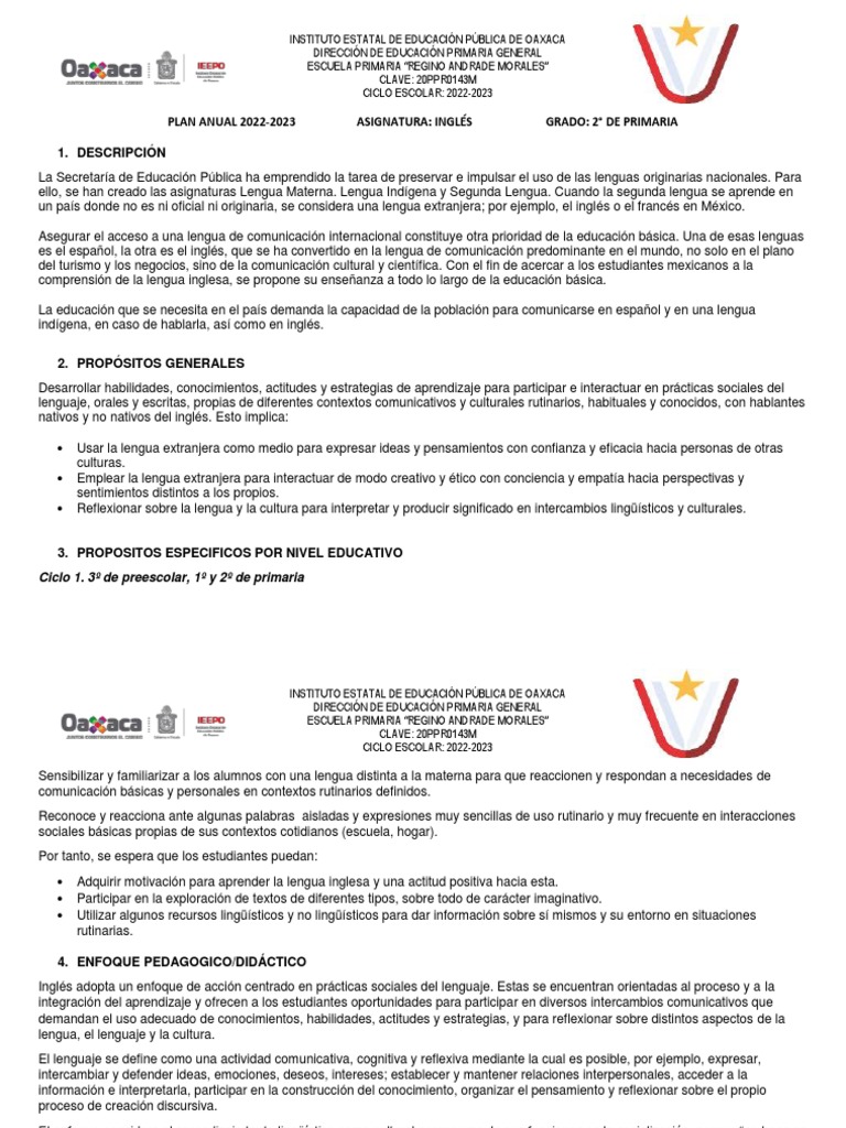 Plan Anual Ingles 2do Prim 22-23 | PDF | Aprendizaje | Educación primaria