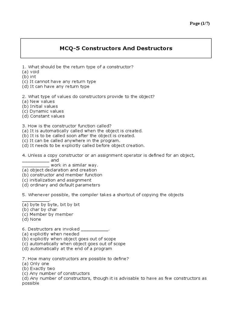 Mcq 7 Constructors Pdf Constructor Object Oriented Programming Programming