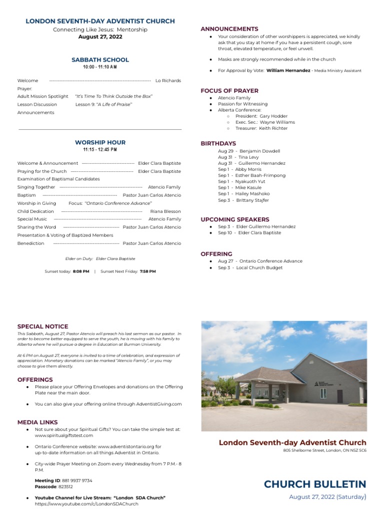 Church Bulletin - August 27 2022 | PDF | Seventh Day Adventist Church ...
